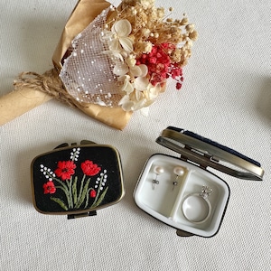 Floral Embroidered Rectangle Mini Jewelry Box, Cute Compact Mirror ...