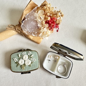Floral Embroidered Rectangle Mini Jewelry Box, Cute Compact Mirror ...
