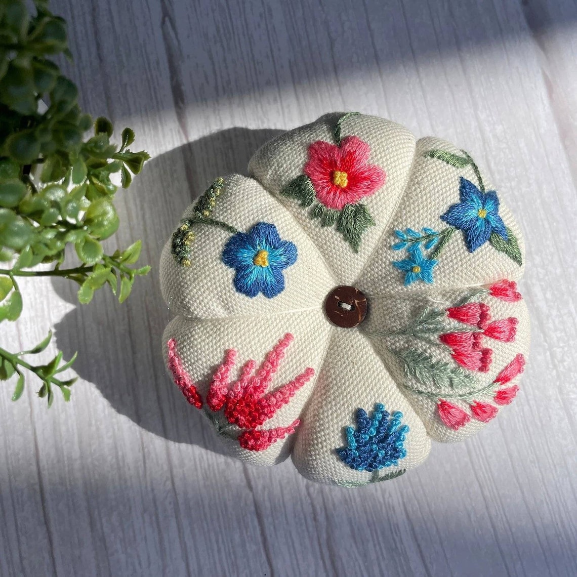Floral Embroidered Pin Cushion Handmade Blue Pink Flower - Etsy