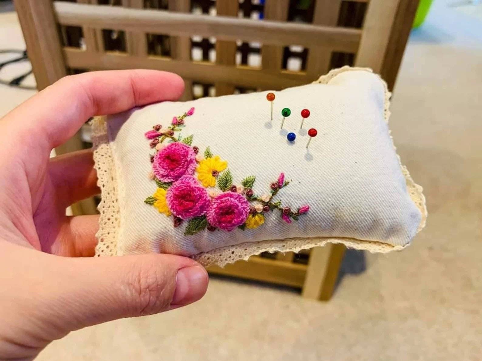 Pink Roses Embroidered Pin Cushion Handmade Rectangle Pumpkin - Etsy