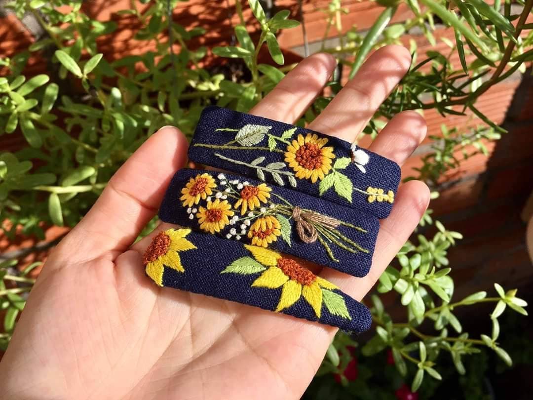 Sunflower Embroidered Hair Barrettes for Women Girl, Handmade Hairclip ...