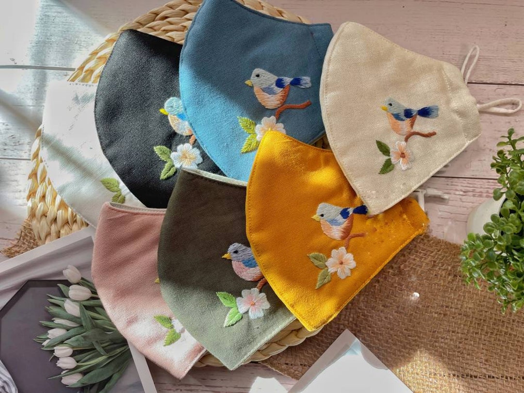 Bird Embroidered Mask, Embroidery Linen Mask, Handmade, Comfortable ...
