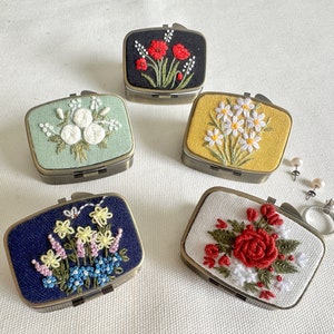 Floral Embroidered Rectangle Mini Jewelry Box, Cute Compact Mirror ...