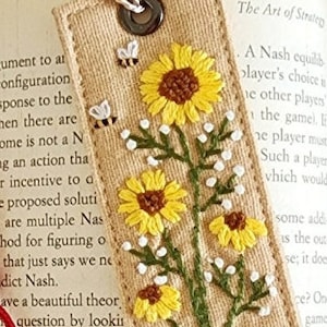 Floral Embroidered Bookmark, Cute Handmade Flower Bookmark, Linen Hand ...