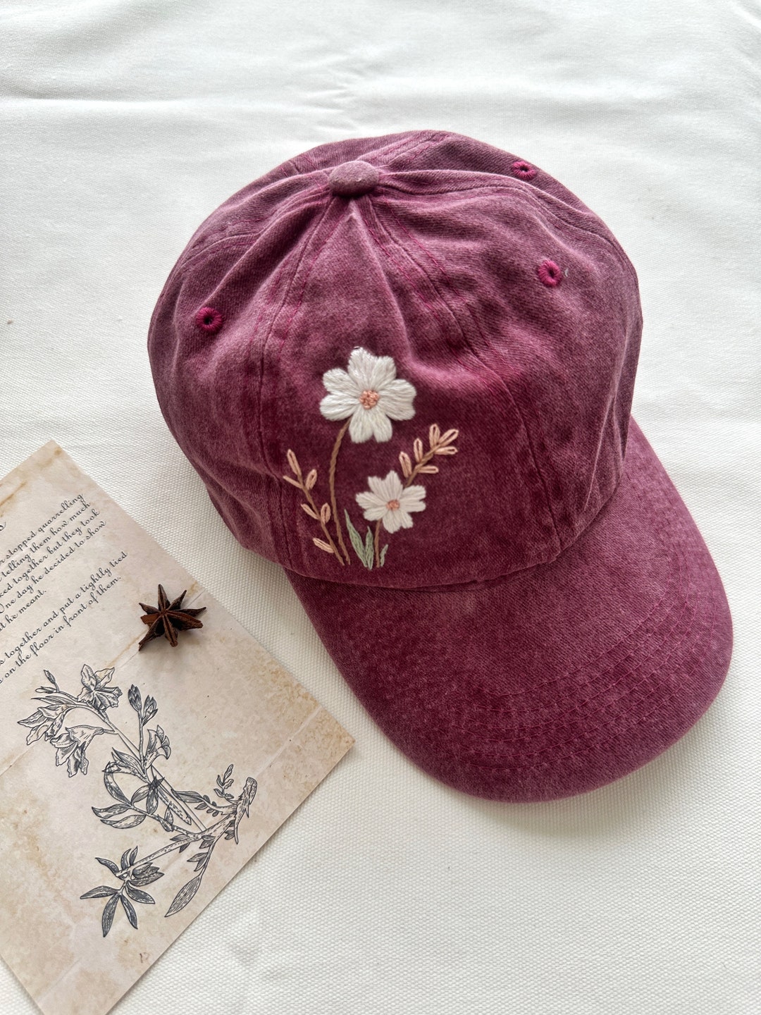 White Flower Embroidered Baseball Cap, Hand Embroidered Flower Hat ...