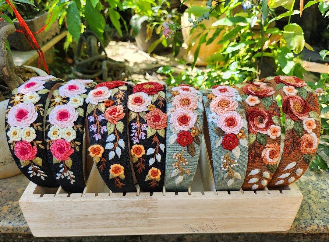 Floral Hand Embroidered Linen Headband. Handmade Hairband, 3D Flowers ...