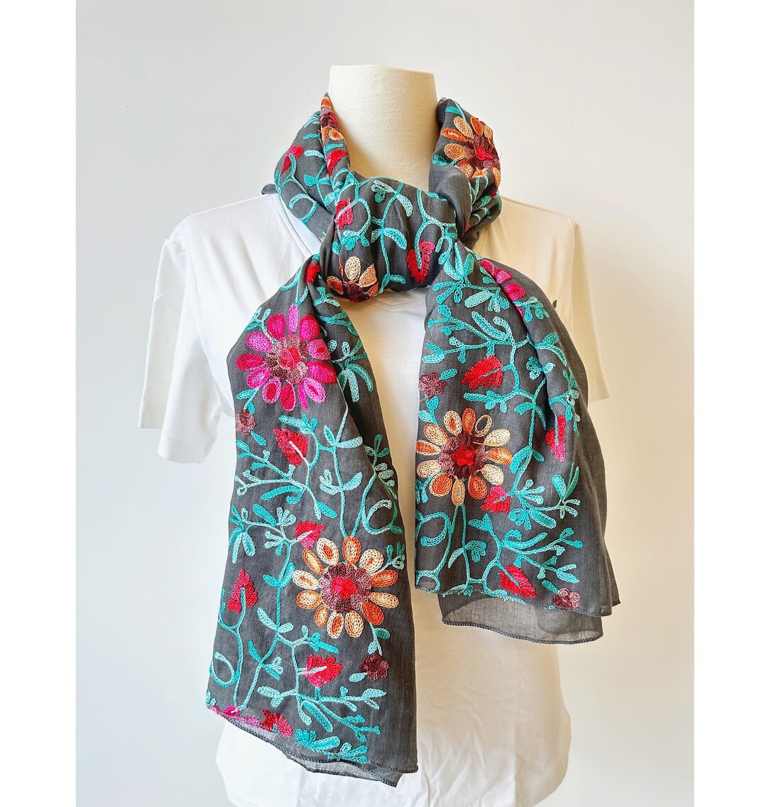 Dark Gray Floral Embroidered Scarf, Elegant Lightweight Breathable ...