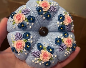 Flower Garden Embroidered Pin Cushion, Handmade Round Pumpkin ...