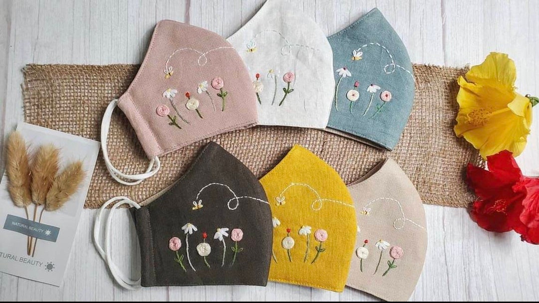 Flower Embroidered Mask, Embroidery Linen Mask, Handmade, Comfortable ...