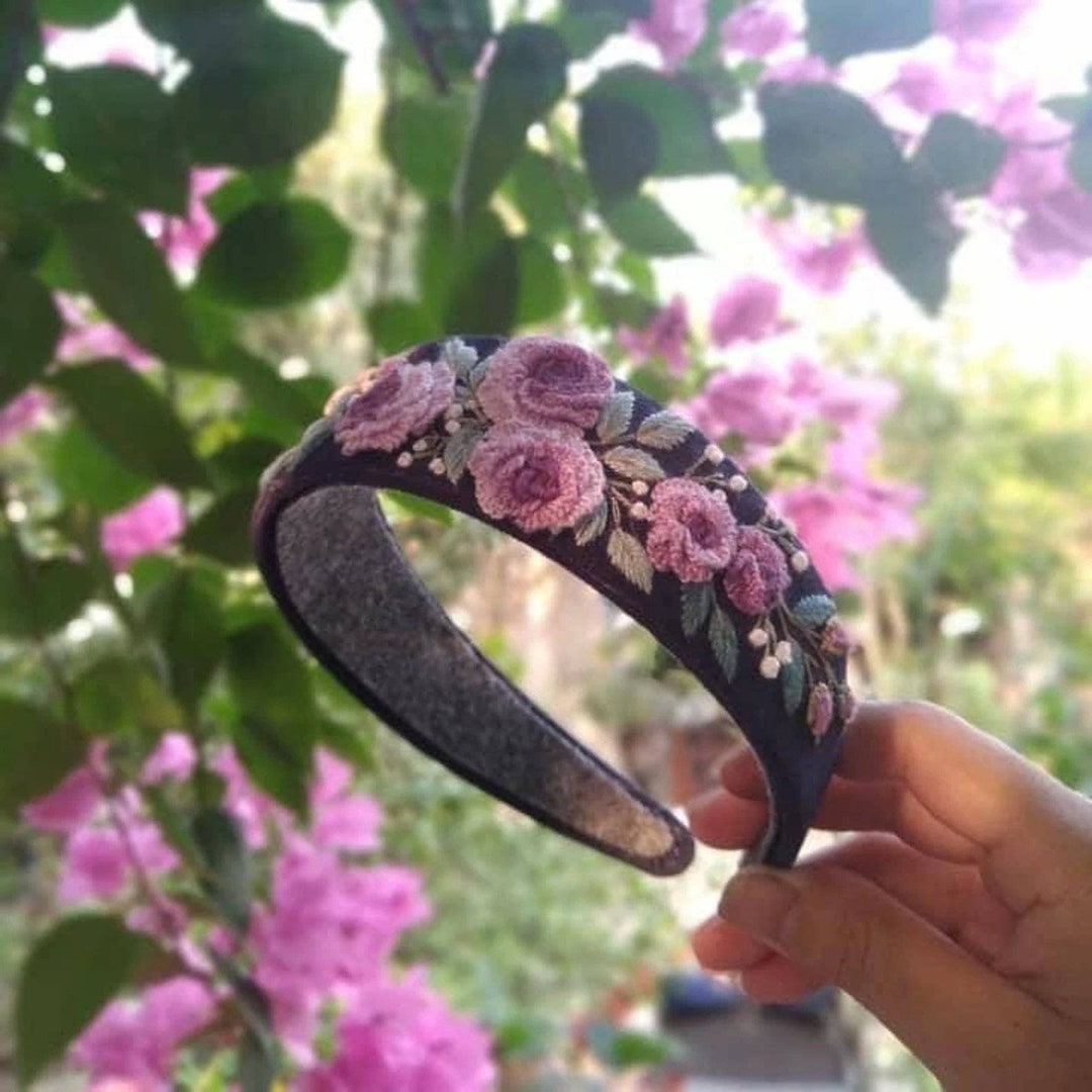 Floral Hand Embroidered Linen Headband. Handmade Black Hairband With ...