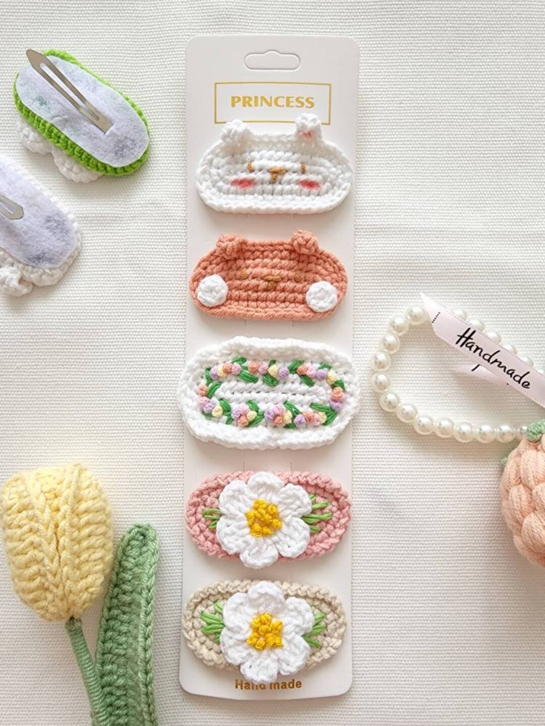 Crochet Hair Barrettes for Women Girl, Handmade Hairclip, Cute Flower ...