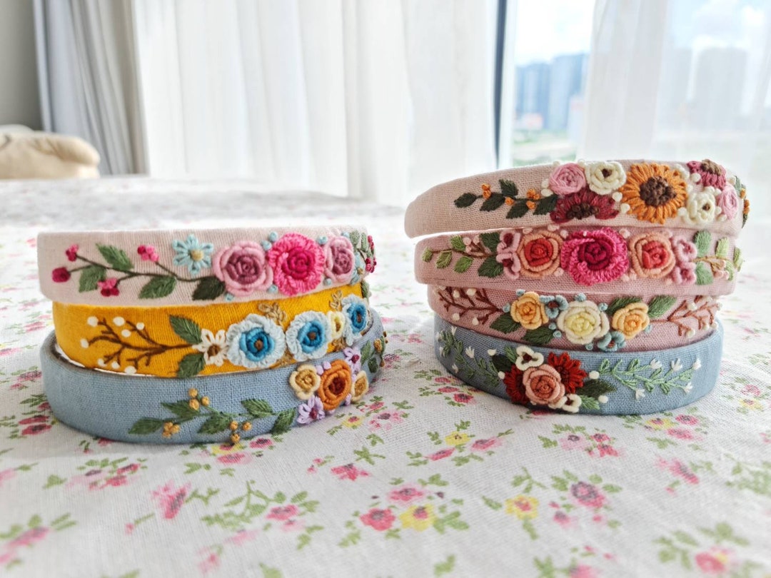 Floral Embroidered Headband Linen Turban Cute Embroidery - Etsy