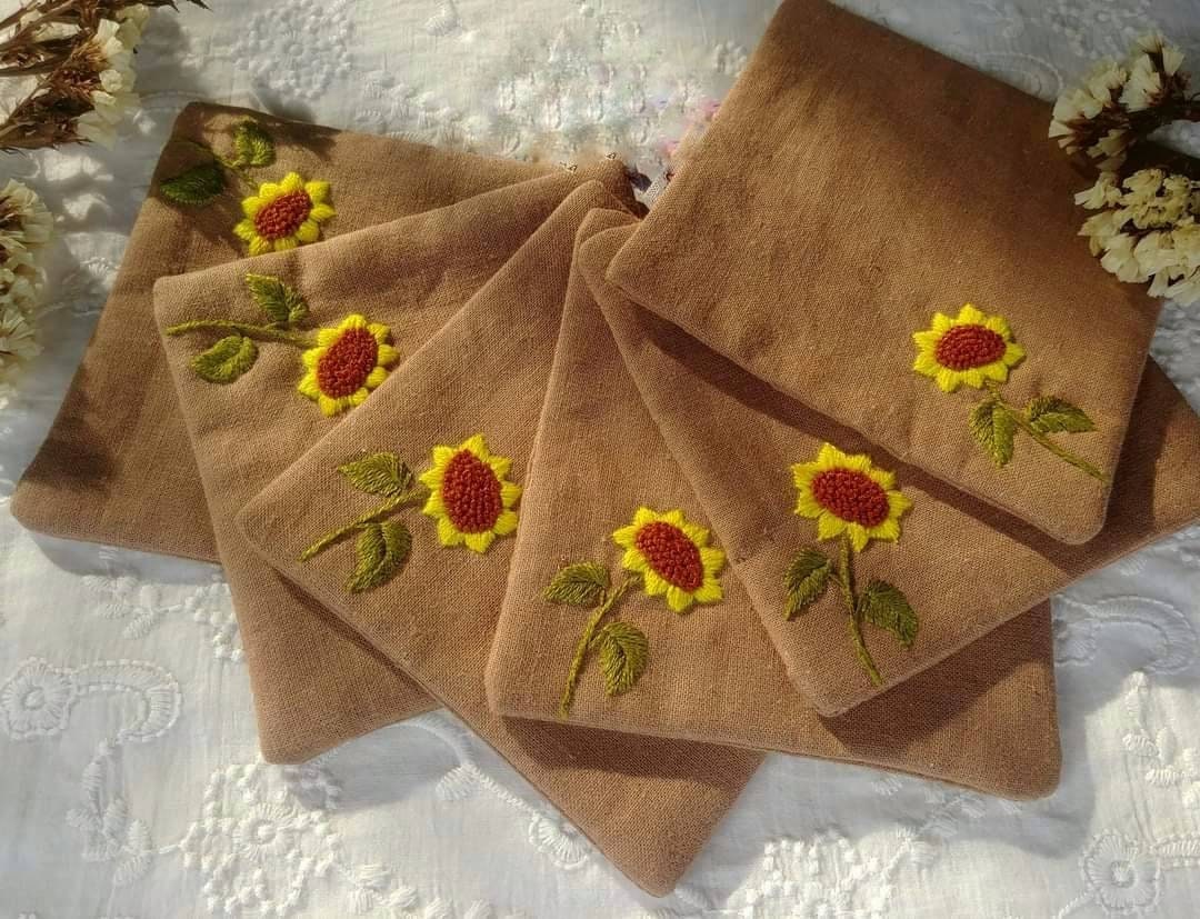 Hand Embroidered Coasters Set of 4, Set of 6, Sunflower Linen Coaster ...