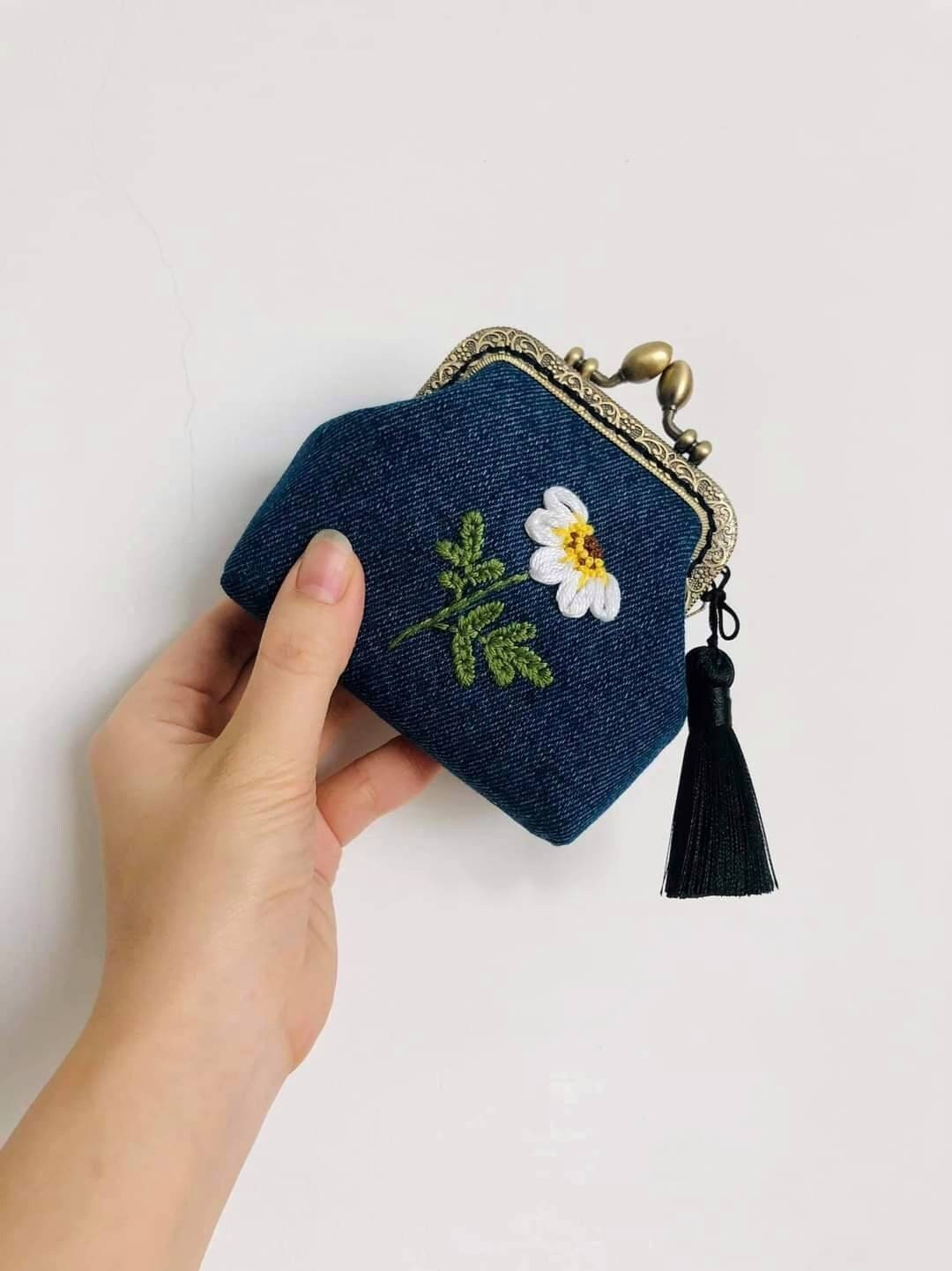 Floral Embroidered Denim Coin Purse Small Change Pouch With - Etsy
