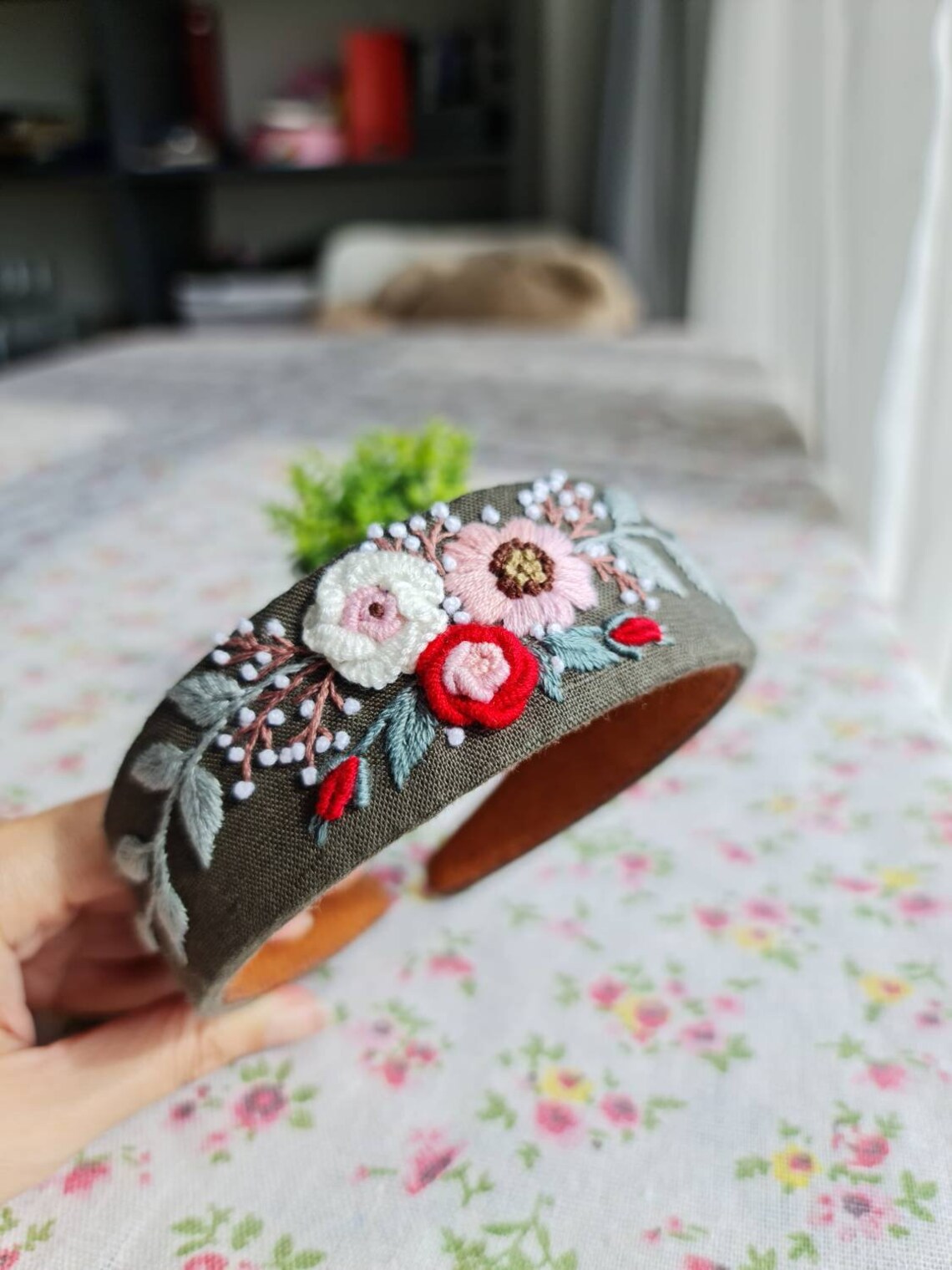 Floral Embroidered Headband Linen Turban Big Flowers - Etsy