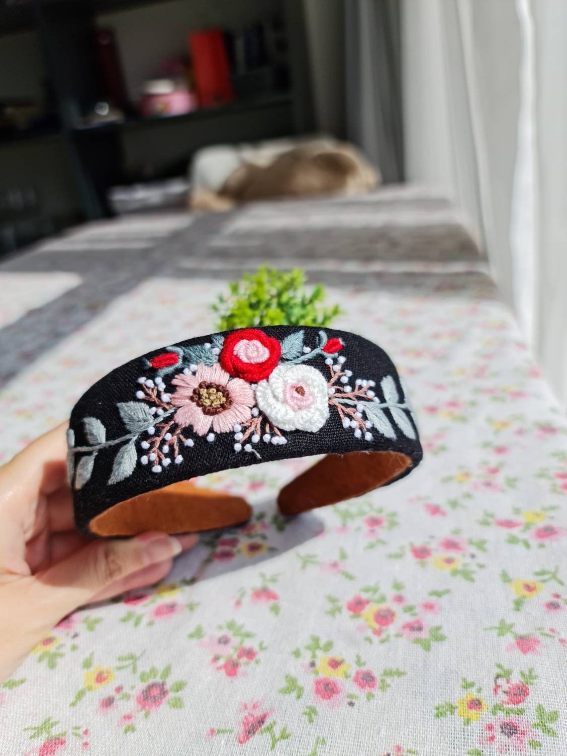 Floral Embroidered Headband Linen Turban Big Flowers - Etsy