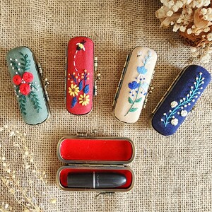 Floral Embroidered Lipstick Case, Handmade Lipstick Organizer, Vintage ...