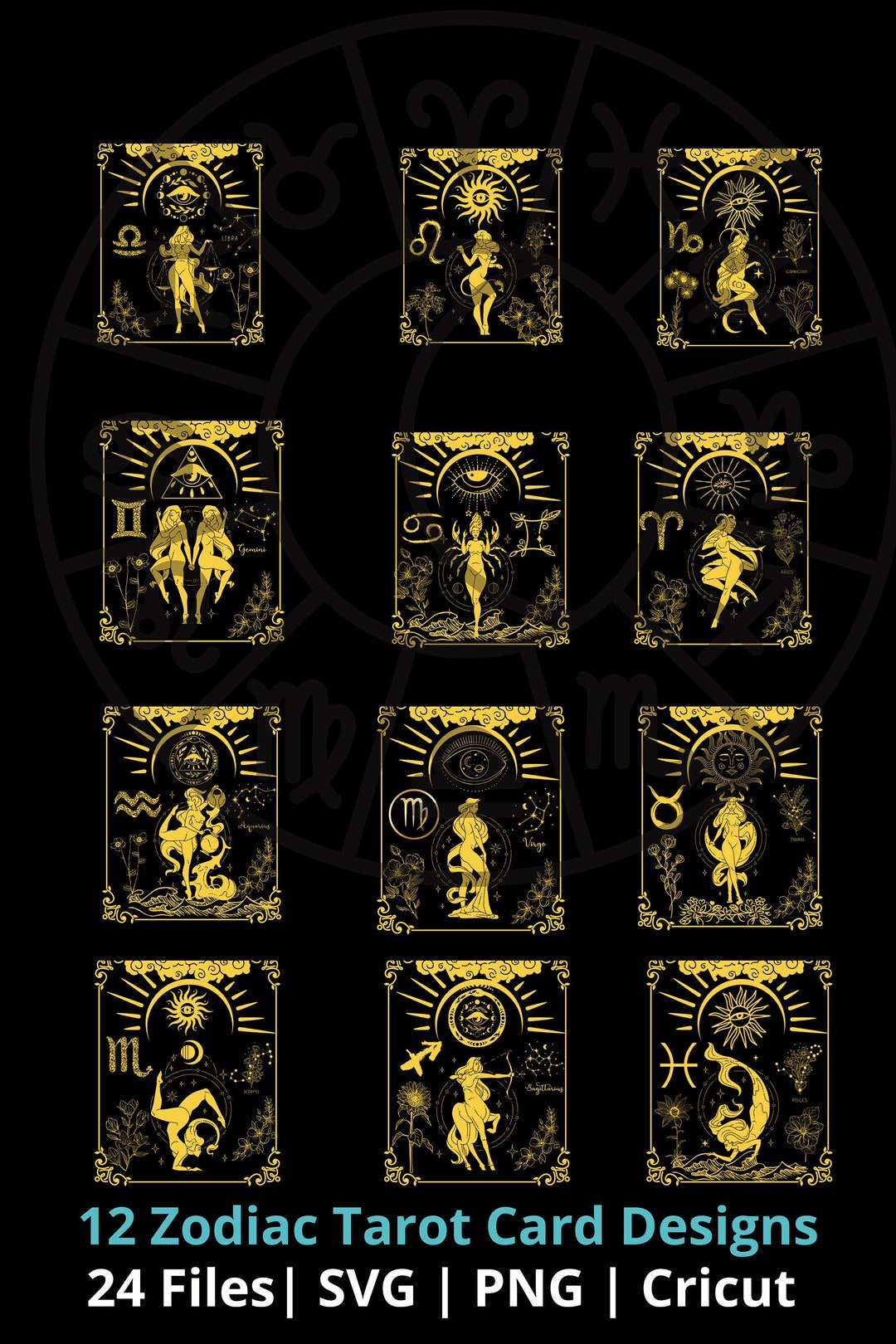 12 Zodiac Sign Svg, Tarot SVG, Zodiac Signs, SVG Bundle, Horoscope Png ...