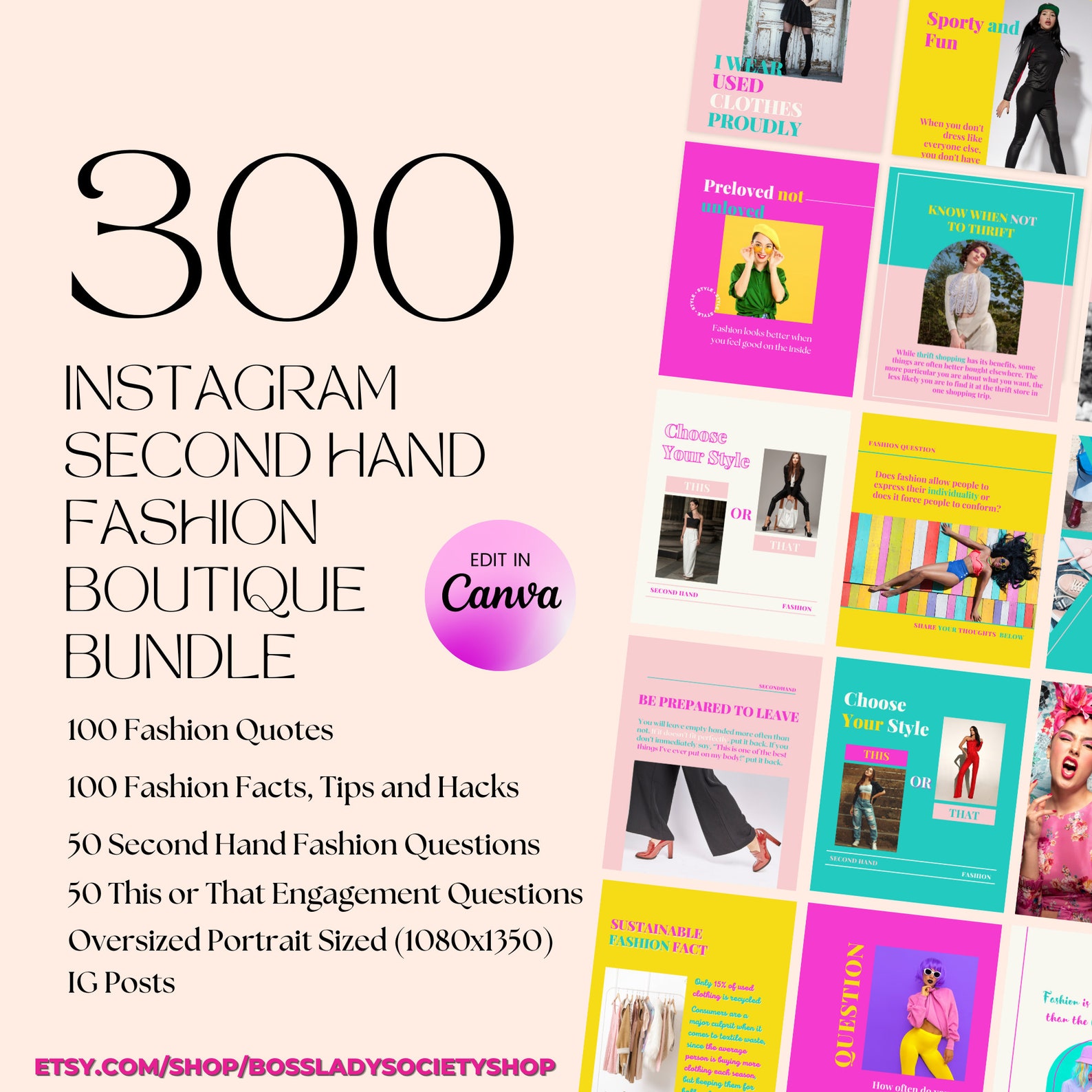 300 Instagram Second Hand Sustainable Fashion Canva Templates Bundle ...