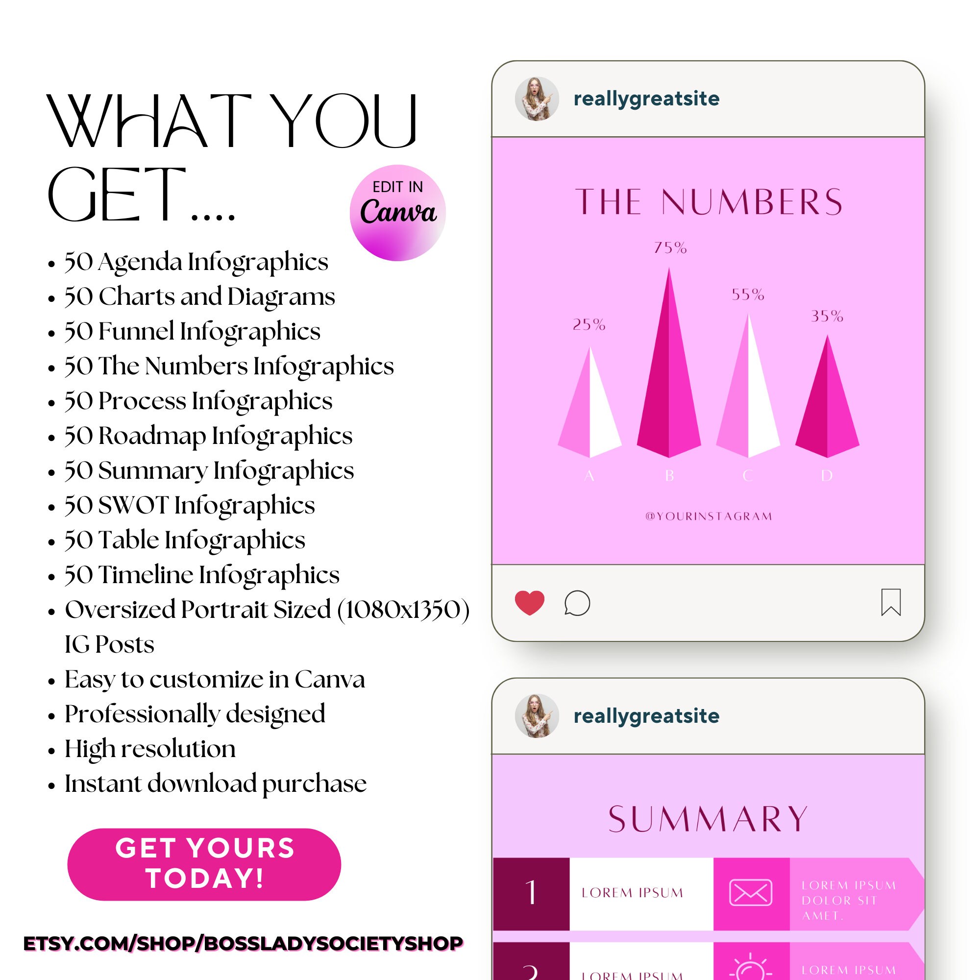 500 Boss Lady Pink Infographics Canva Instagram Template Bundle Large ...