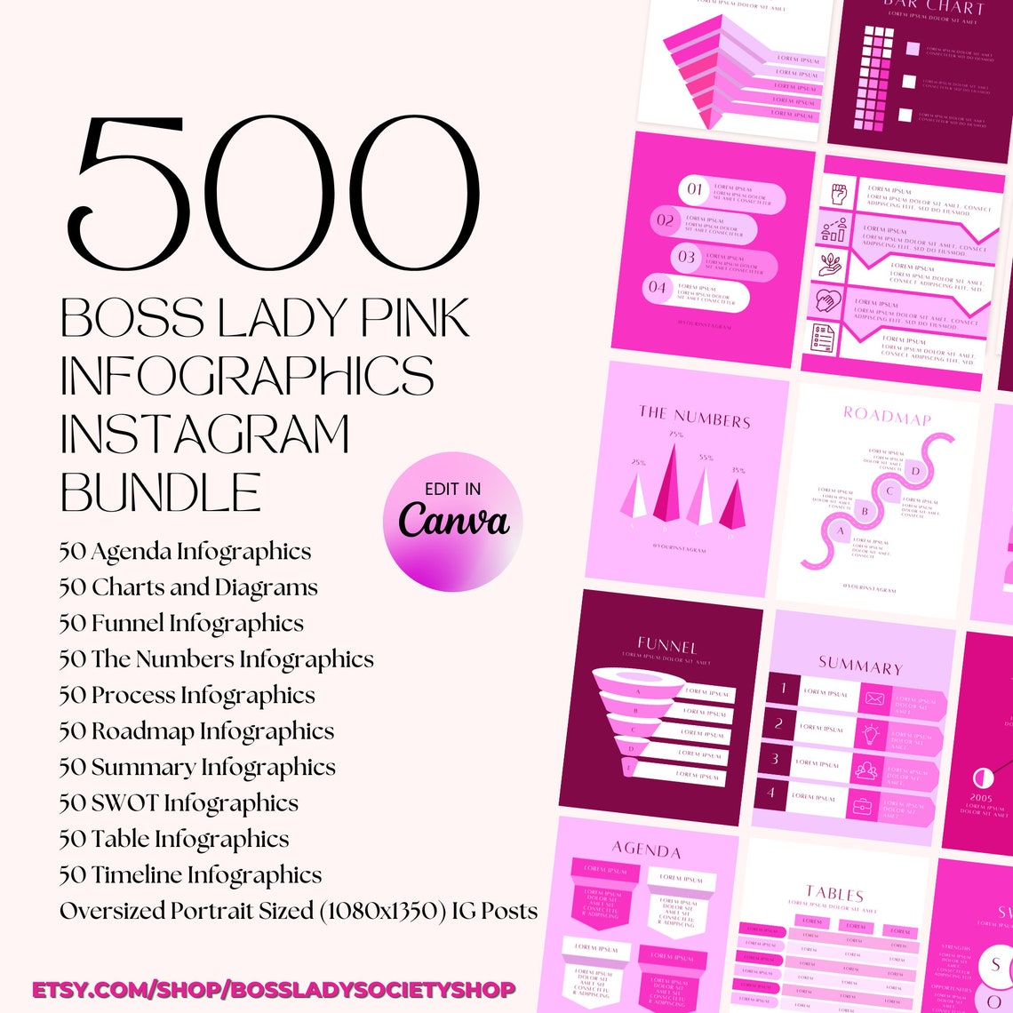 500 Boss Lady Pink Infographics Canva Instagram Template Bundle Large ...