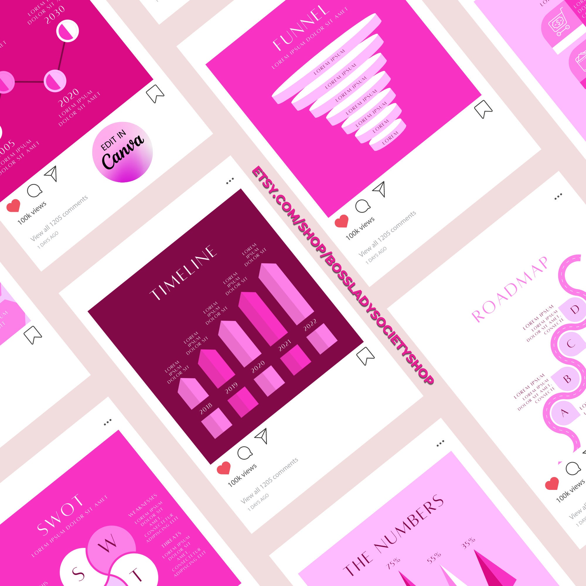 500 Boss Lady Pink Infographics Canva Instagram Template Bundle Large ...