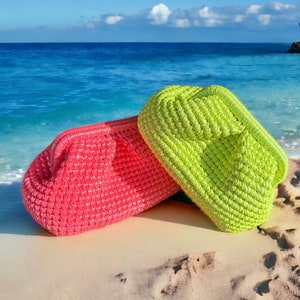 Neon Green Metallic Leather Crochet Pouch Clutch Purse Bag Wedding ...