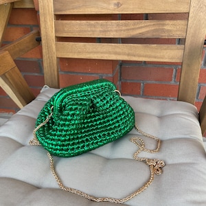 Emerald Green Woven Metallic Raffia Clutch Bag | Evening Crochet Pouch ...