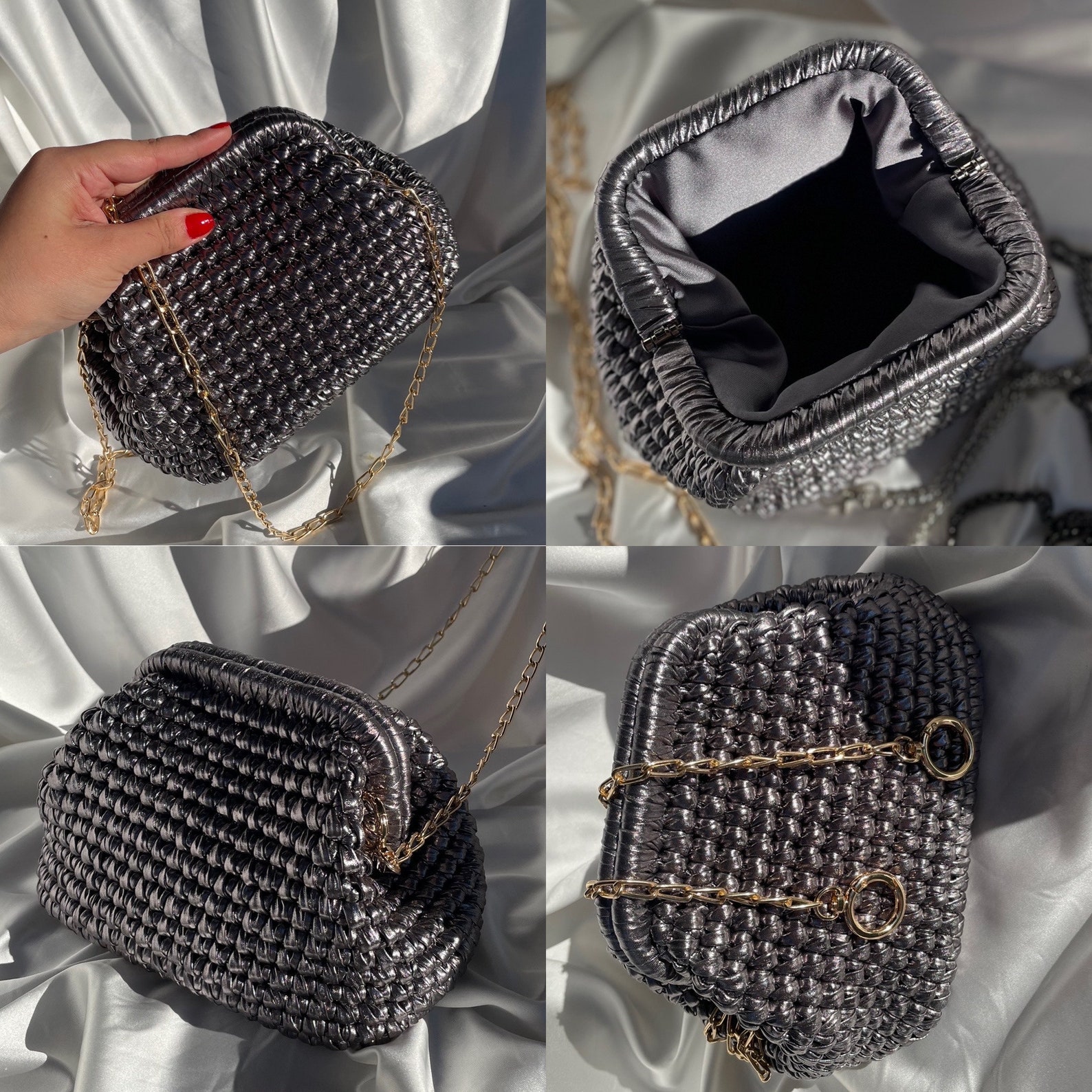 Nickel Woven Metallic Pouch Clutch Hand Bag Beach Wedding Clutch Purse ...