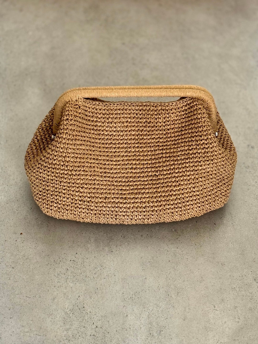 Crochet Raffia Top Handle Pouch Clutch Hand Bag | Crochet Tote Straw ...