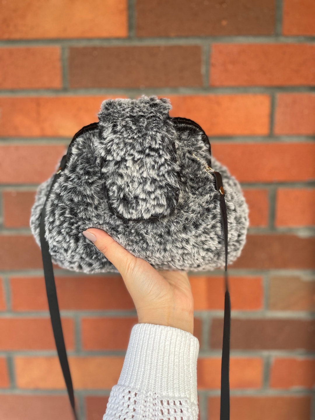 Handmade Faux Furry Vegan Leather Detailed Fluffy Pouch and Crossbody ...