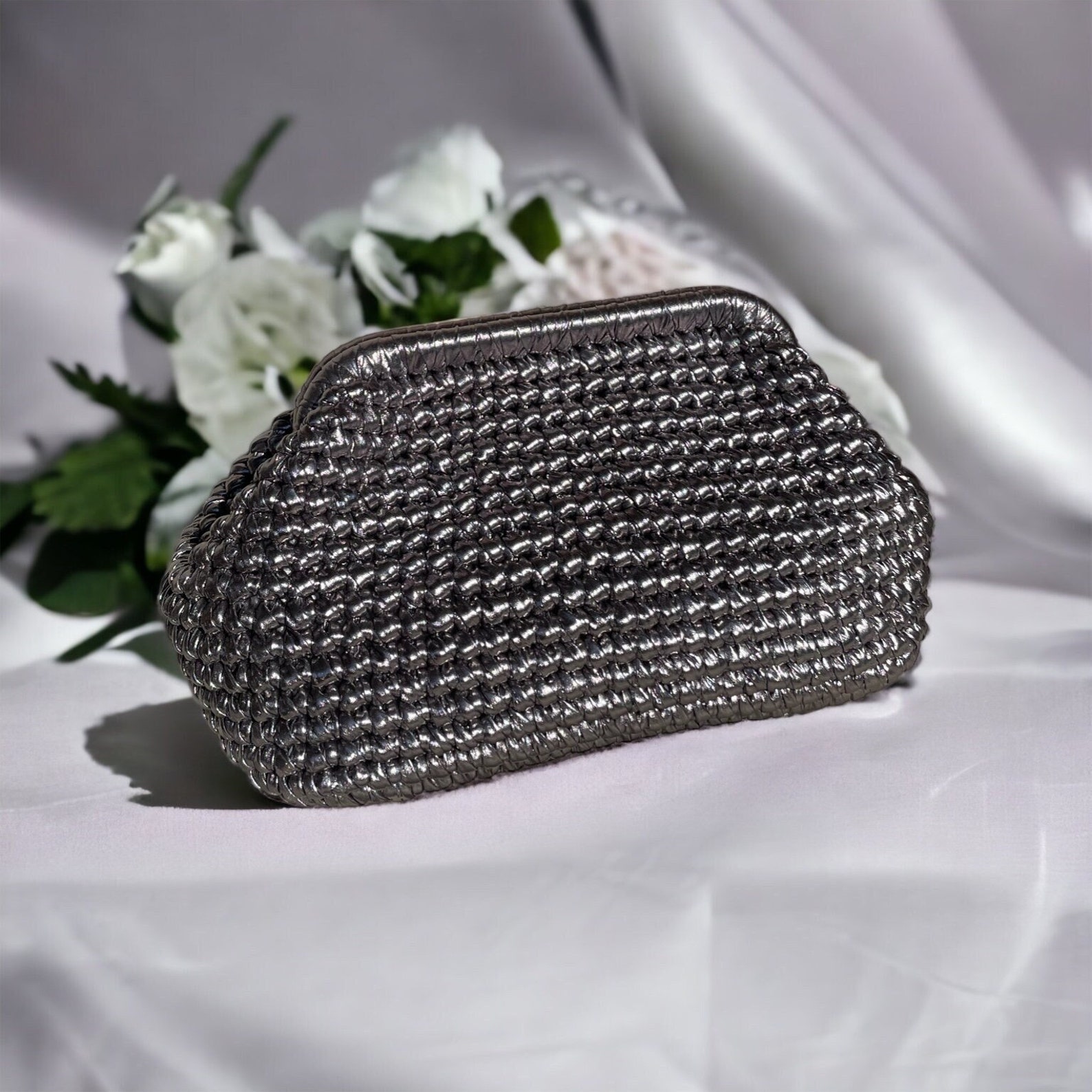 Nickel Woven Metallic Pouch Clutch Hand Bag Beach Wedding Clutch Purse ...