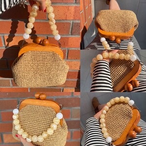 Handmade Raffia Bag, Wooden Framed Knitting Clutch, Evening Crochet ...