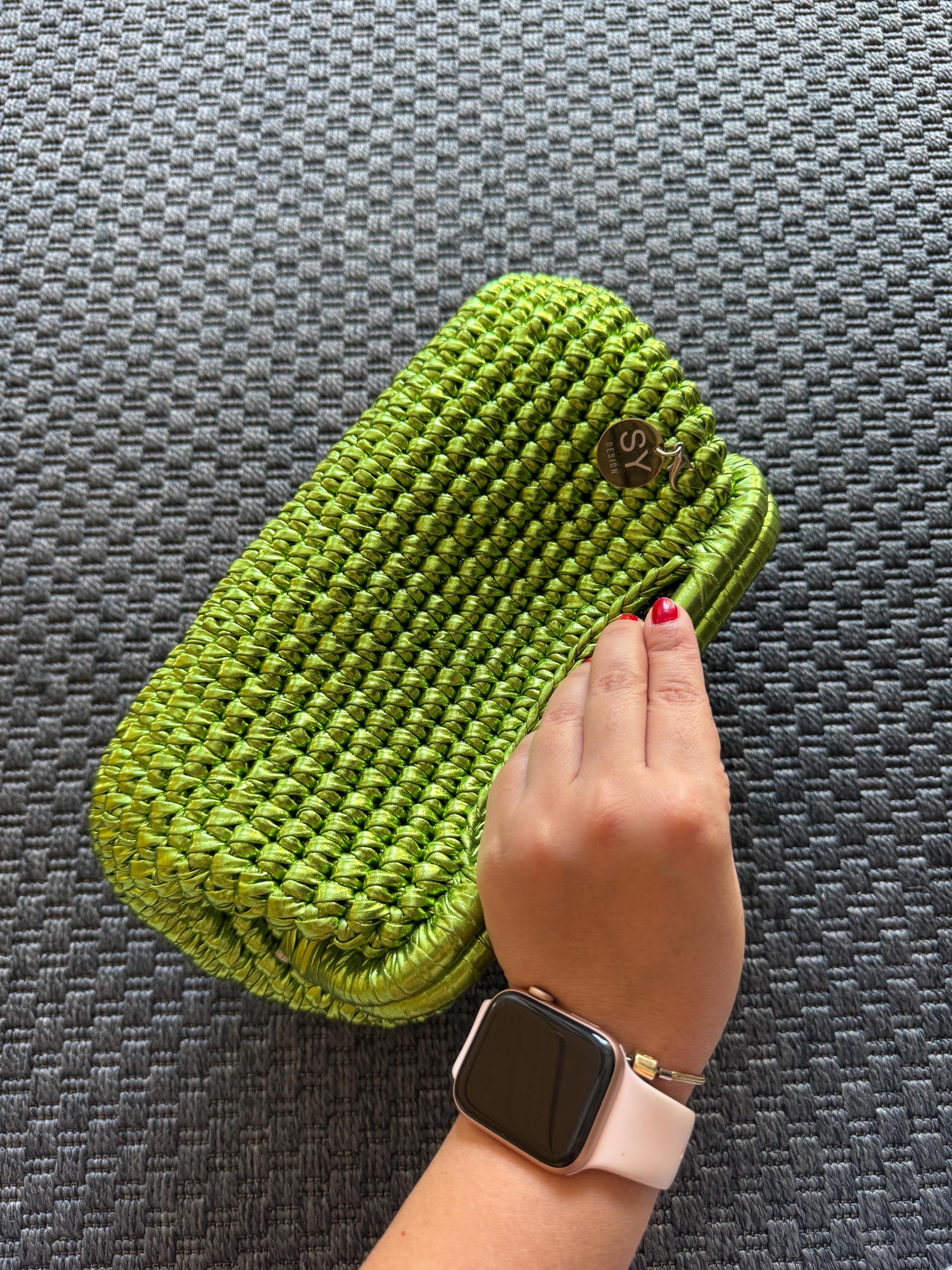 Woven Vegan Leather Clutch: Metallic Green Top Handle Bag - Etsy