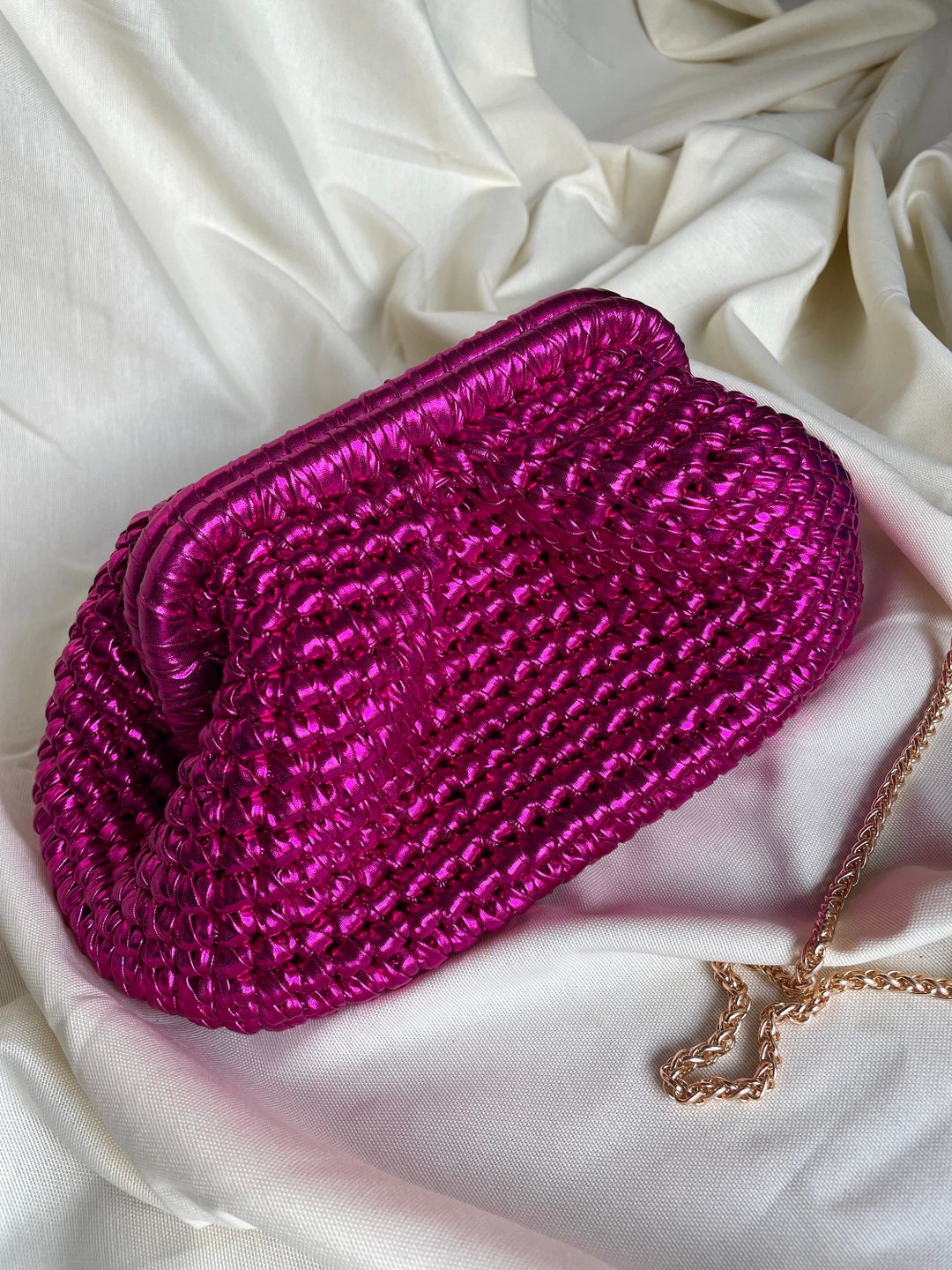 Fuchsia Metallic Pouch Clutch Bag | Evening Knitting Bag | Handmade ...