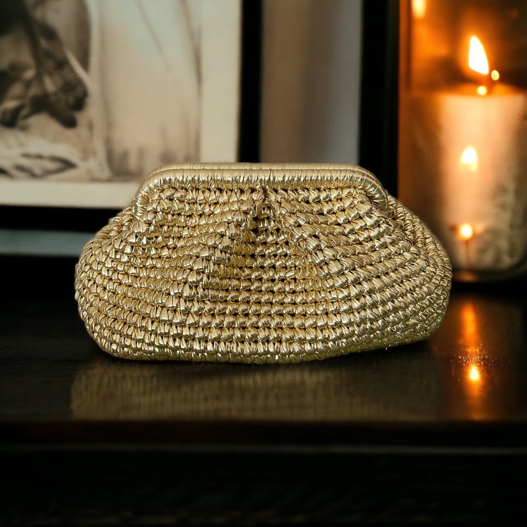 Large Gold Metallic Leather Pouch Clutch Bag | Handmade Evening Bag ...