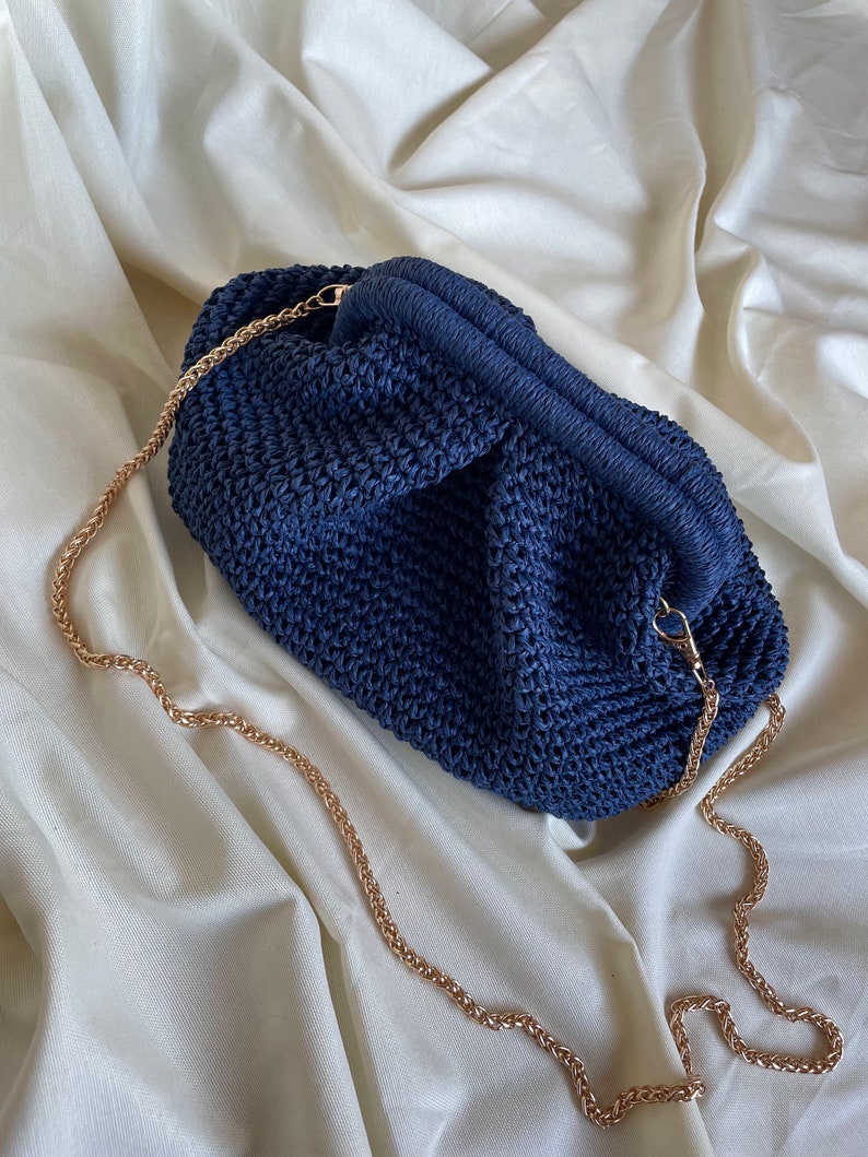 Navy Blue Small Raffia Clutch Bag With Handmade Pouch and - Etsy