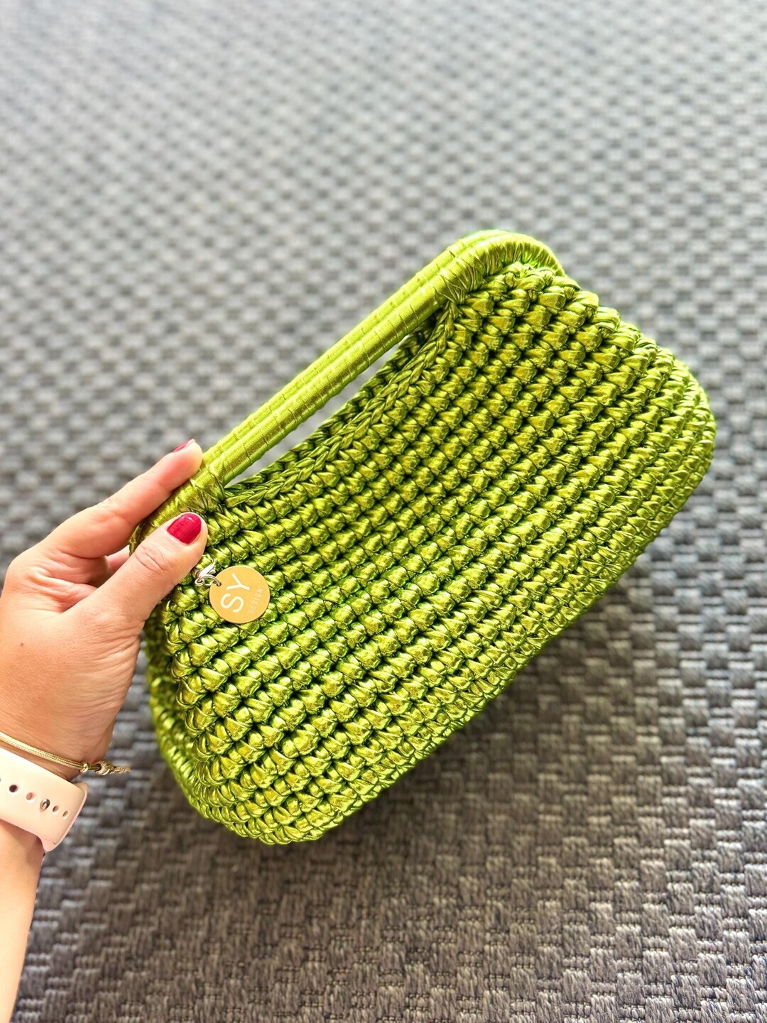 Woven Vegan Leather Clutch: Metallic Green Top Handle Bag - Etsy