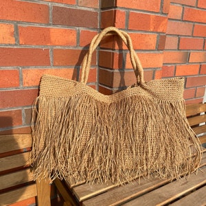 Crochet Raffia Tote Bag | Straw Fringed Beach Woven Shoulder Bag | Boho ...