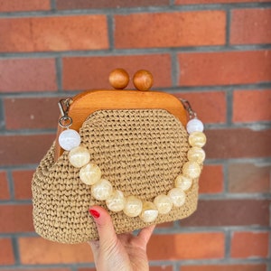 Handmade Raffia Bag, Wooden Framed Knitting Clutch, Evening Crochet ...