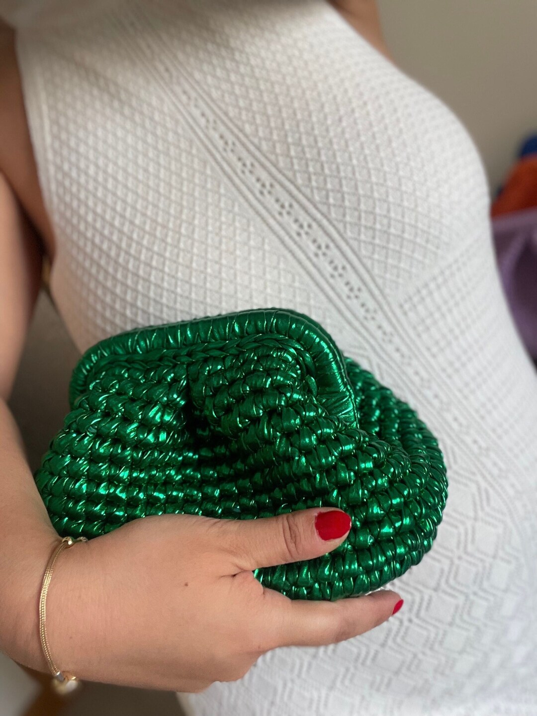 Emerald Green Woven Metallic Raffia Clutch Bag | Evening Crochet Pouch ...