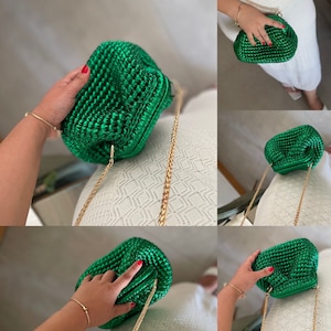 Emerald Green Woven Metallic Raffia Clutch Bag | Evening Crochet Pouch ...