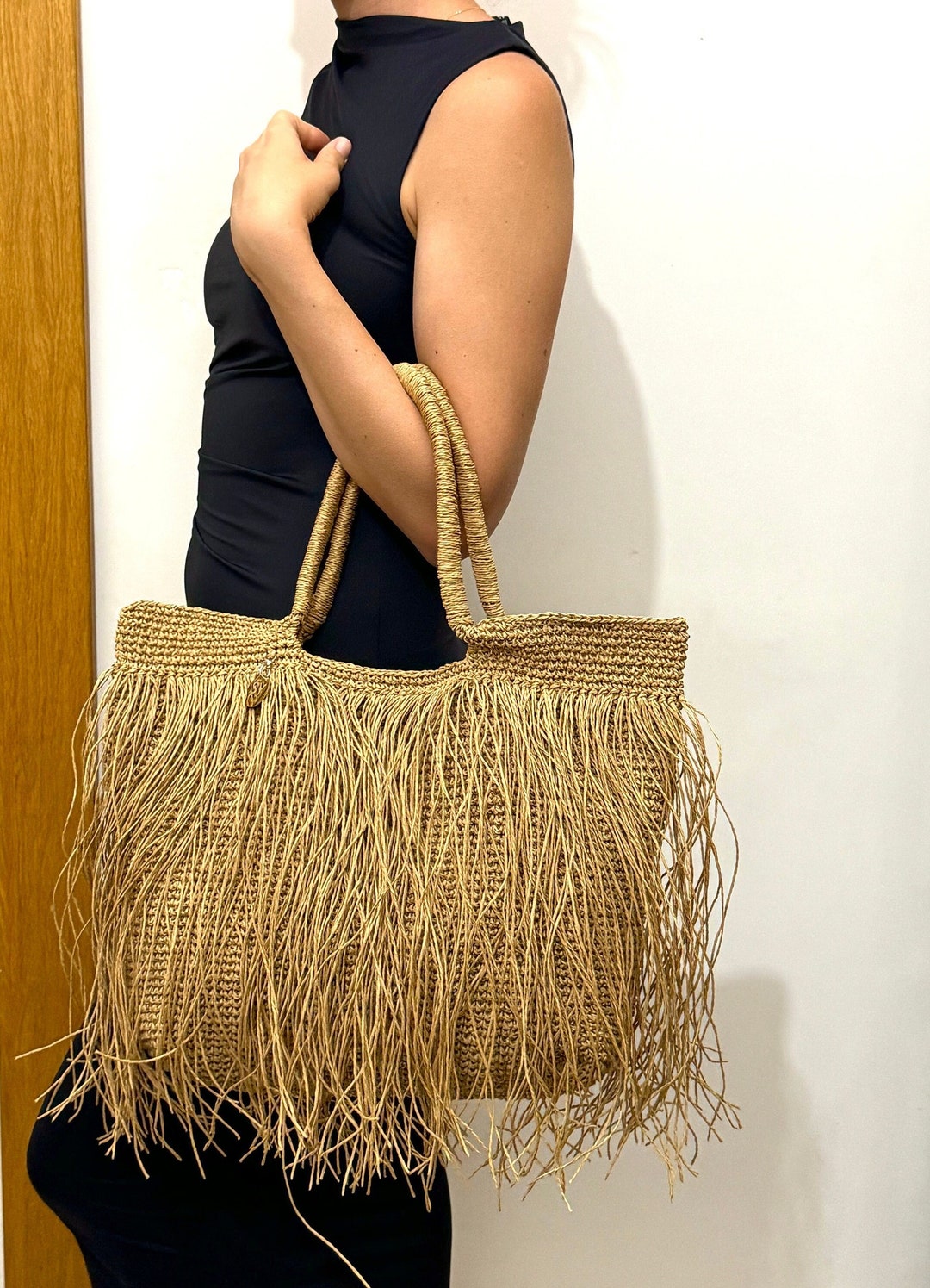 Crochet Raffia Tote Bag | Straw Fringed Beach Woven Shoulder Bag | Boho ...