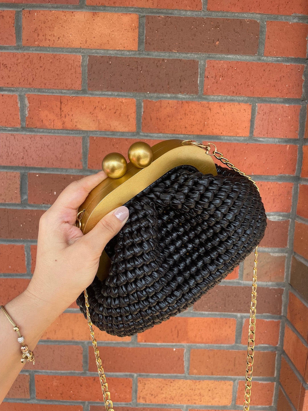 Woven Metallic Leather Tote Pouch Bag | Black Clutch Purse | Gold ...