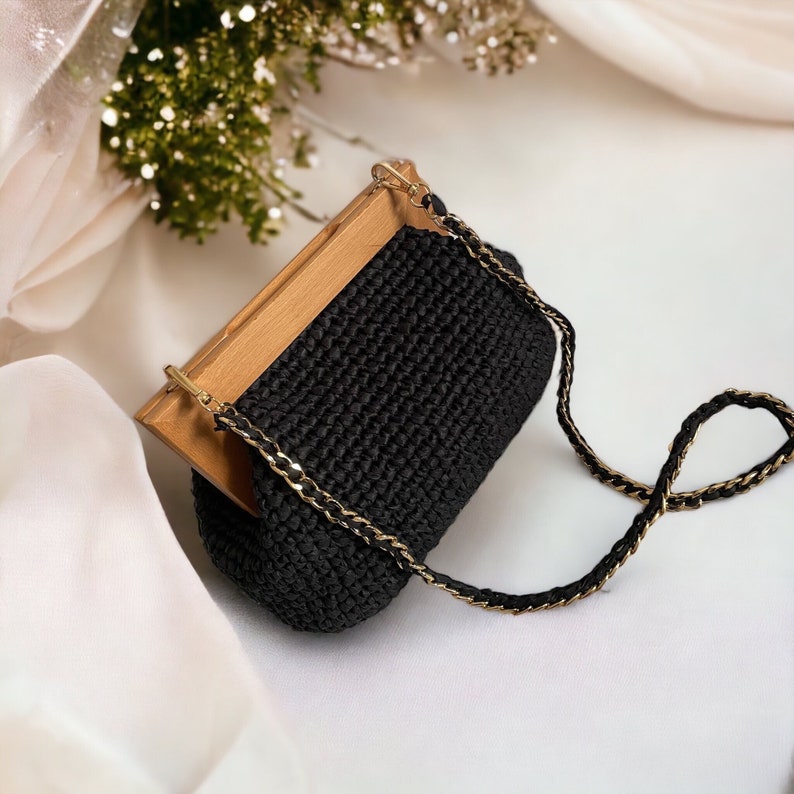 Straw Crochet Tote Raffia Wooden Framed Pouch Clutch Black Bag - Etsy