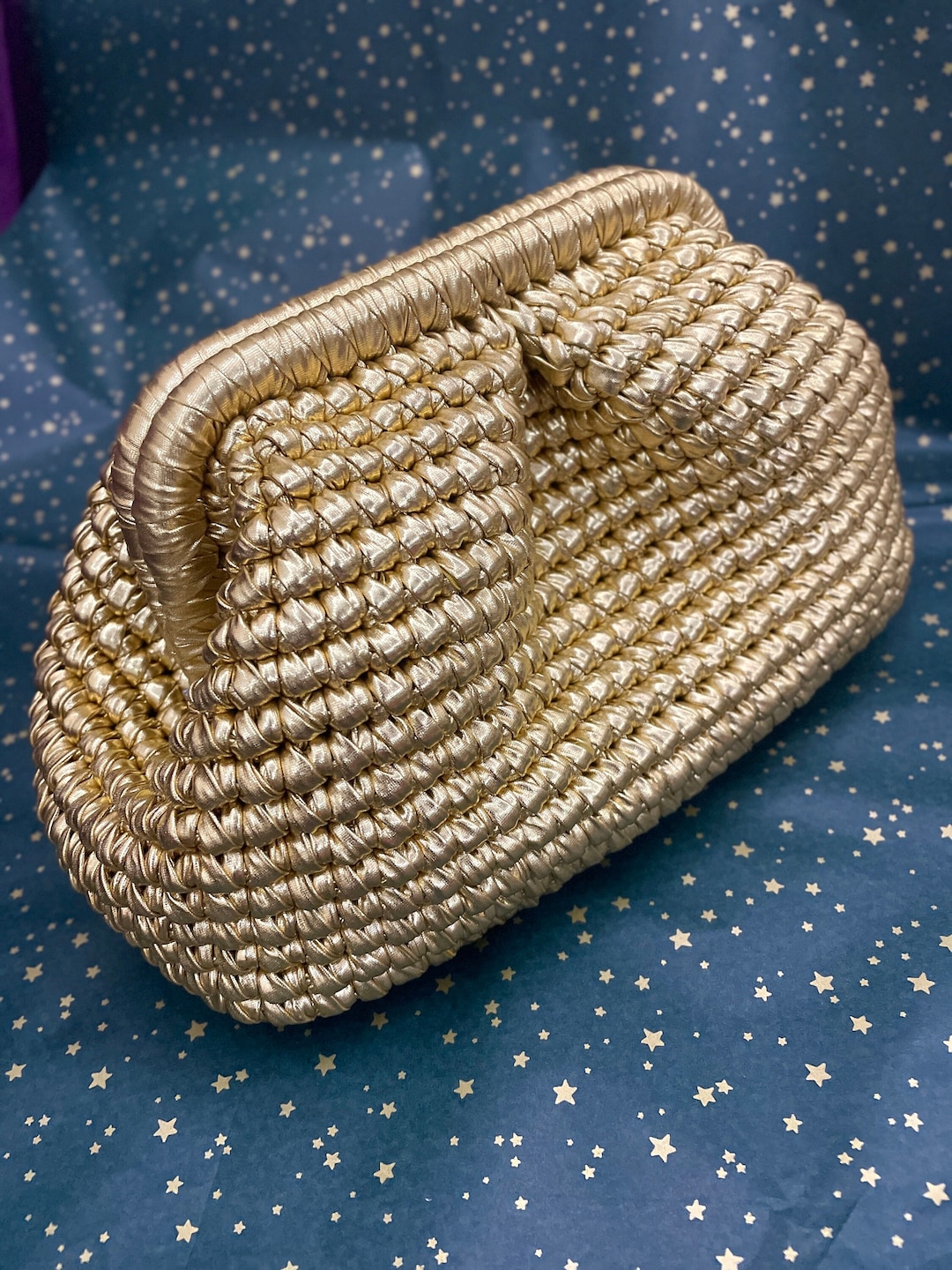 Luxury Golden Crochet Clutch, Gold Shimmering Day to Evening Bag, Gold ...