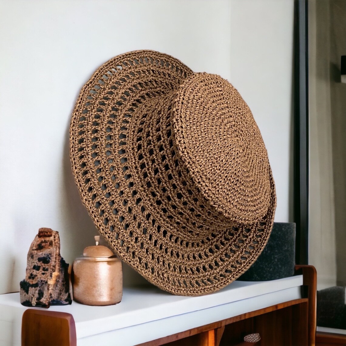 Brown Handmade Crochet Bucket Hat Raffia Hat Summer - Etsy