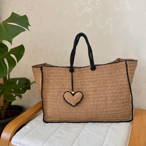 Crochet Raffia Black Tote Bag | Straw Summer Beach Woven Shoulder Bag ...