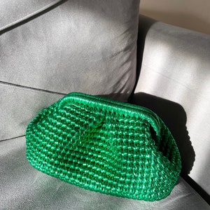 Emerald Green Metallic Raffia Bag, Evening Crochet Pouch Bag, Handmade ...