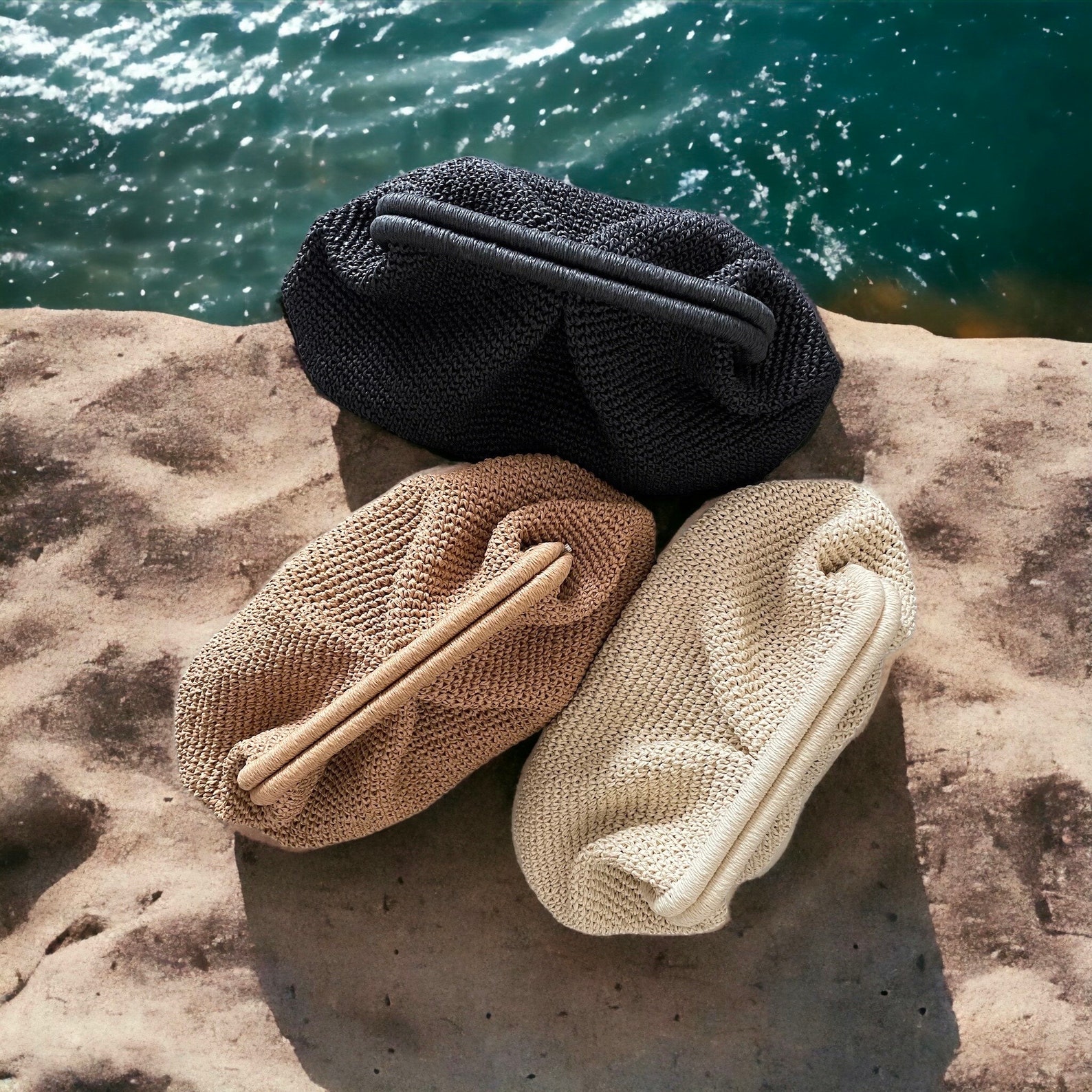 Crochet Raffia Pouch Clutch Bag, Womens Straw Summer Pouch Bag, Wicker ...